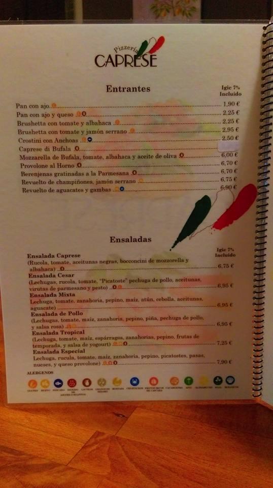 Menu at Pizzería Caprese, Tejina