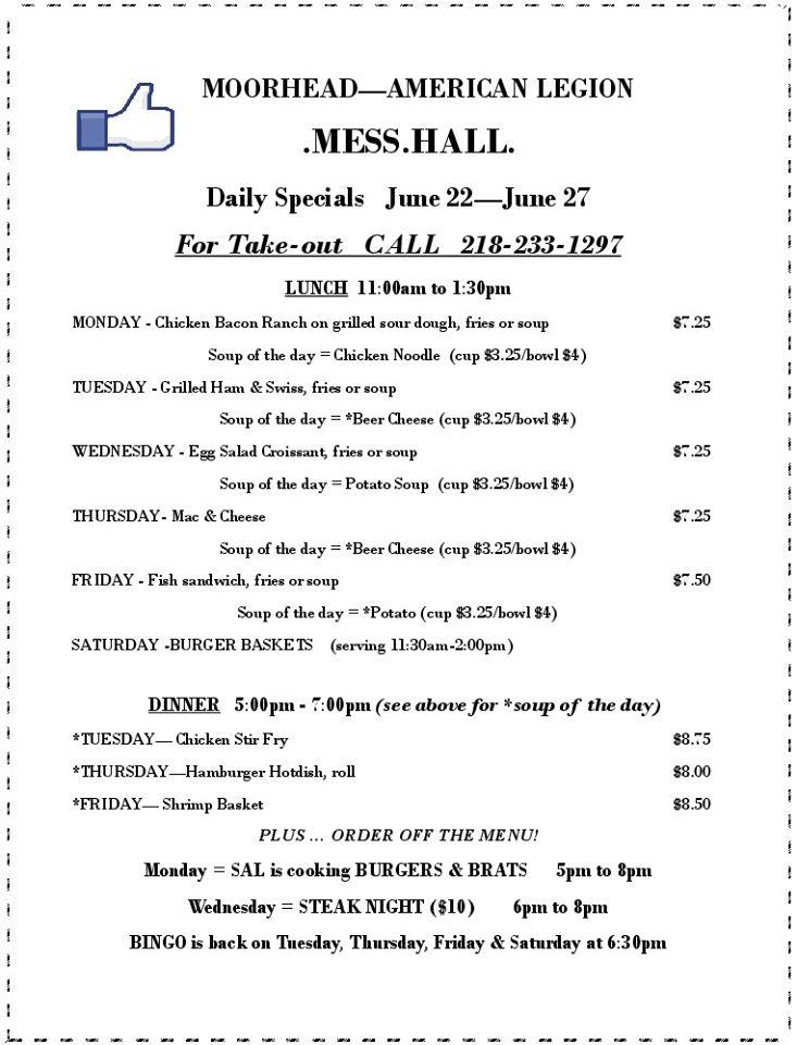 Menu at Post 21 American Legion restaurant, Moorhead