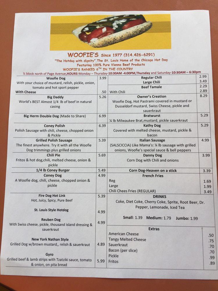 Menu at Woofies Hot Dogs restaurant, Overland