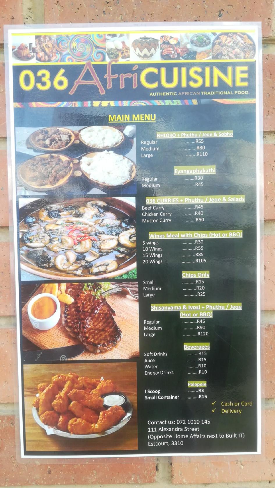 Menu at 036 Afri Cuisine restaurant, Estcourt