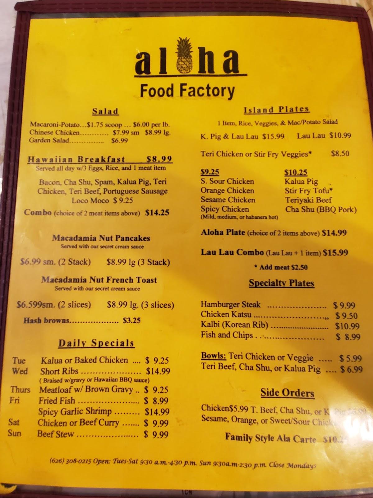 Menu at Aloha Food Factory restaurant, Alhambra
