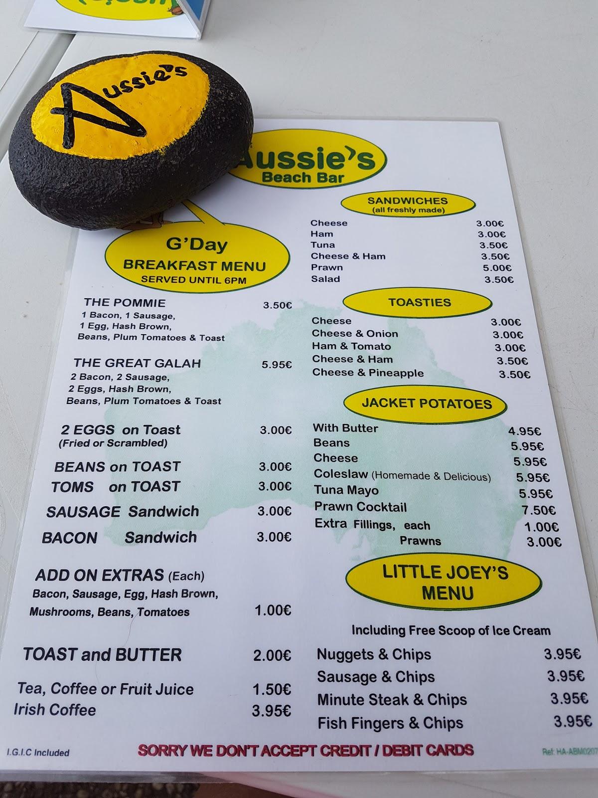 Menu at Aussie's Beach Bar, Tías