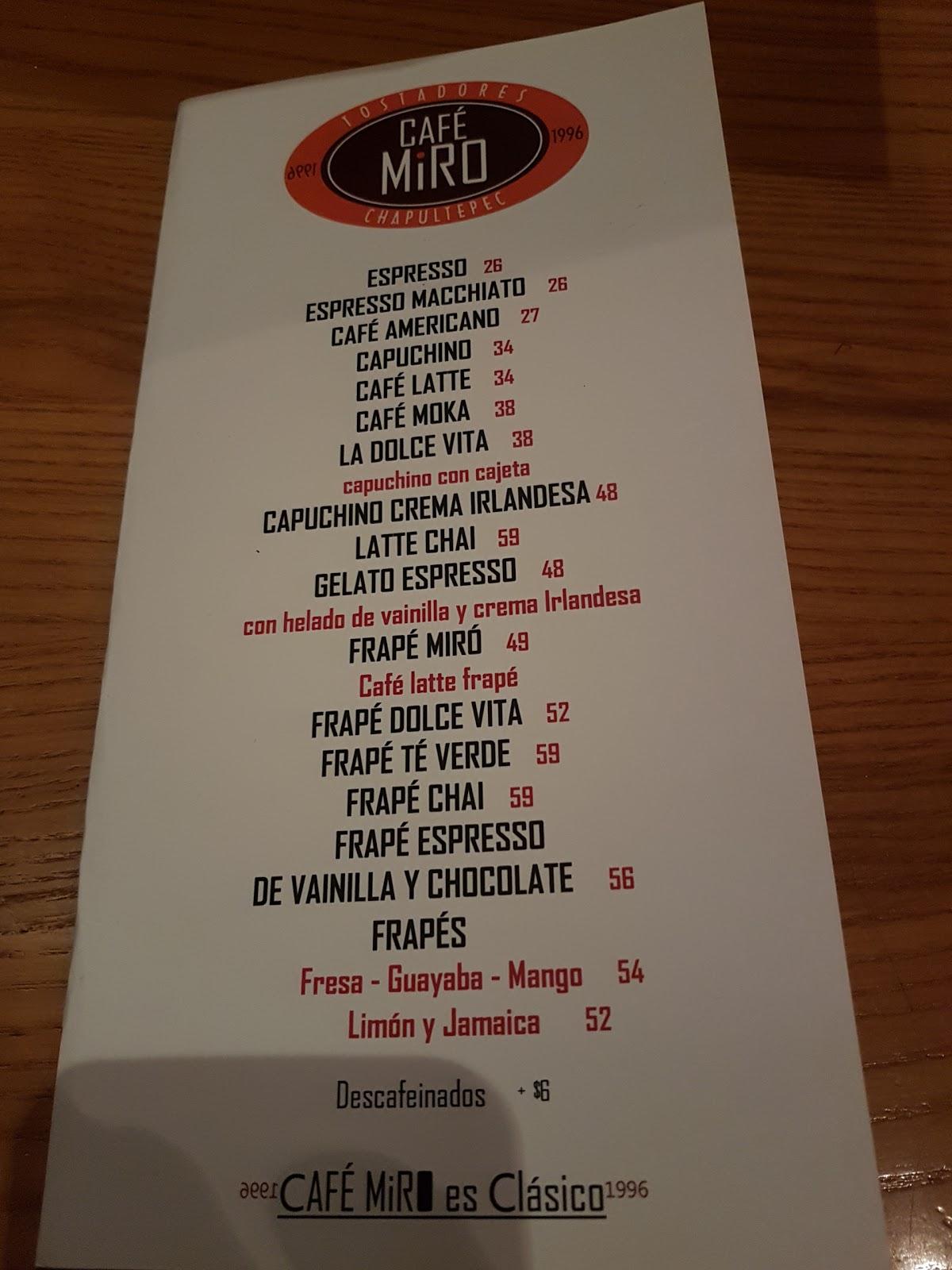 Carta de Cafe Miró, Culiacán Rosales