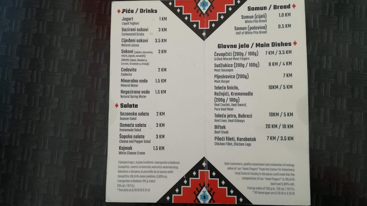 Menu at Ćevabdžinica Petica Ferhatović restaurant, Sarajevo