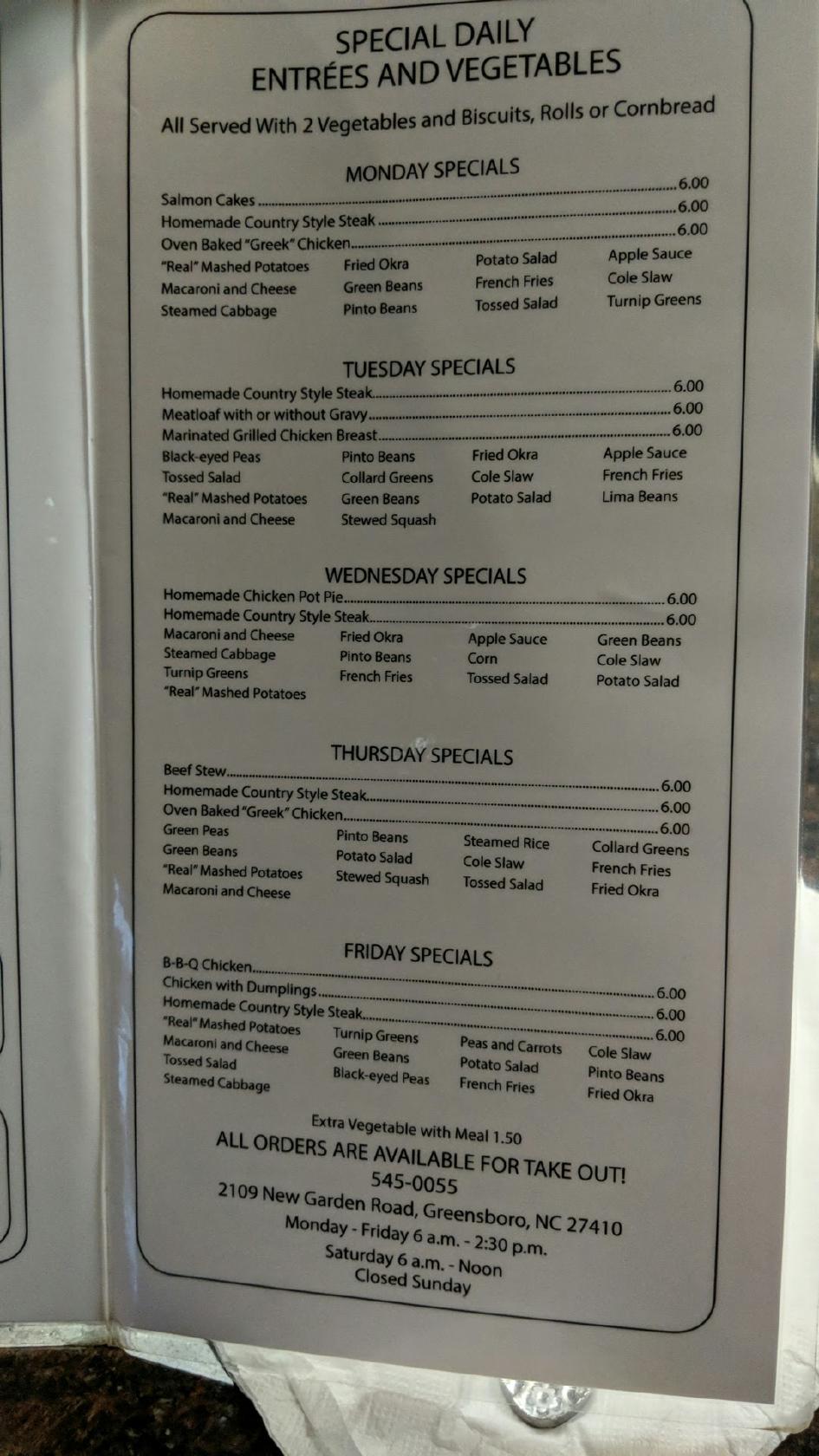 Menu at Danny's Restaurant, Greensboro