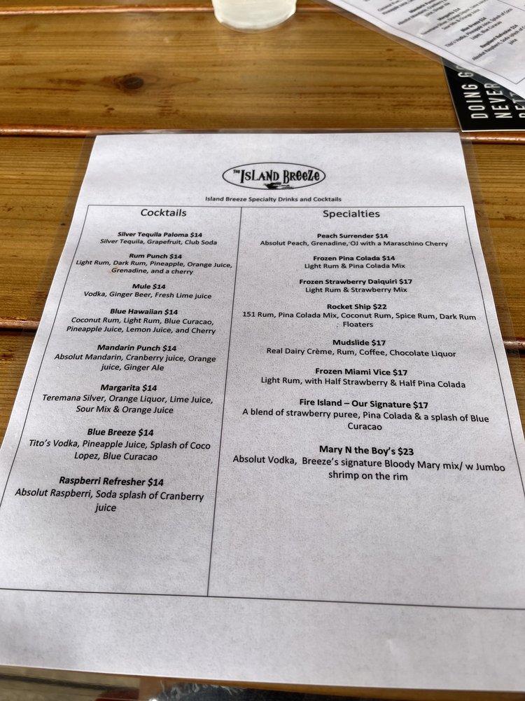 Menu at Island Breeze restaurant, Fire Island