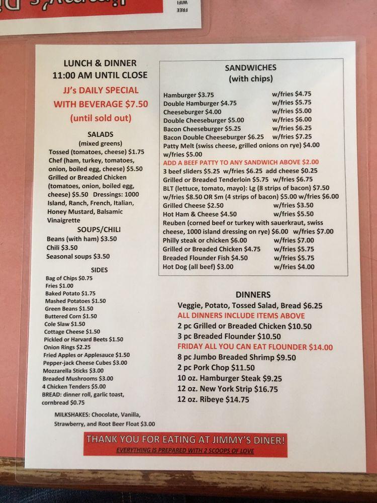 Menu at Jimmy's Diner restaurant, Indianapolis