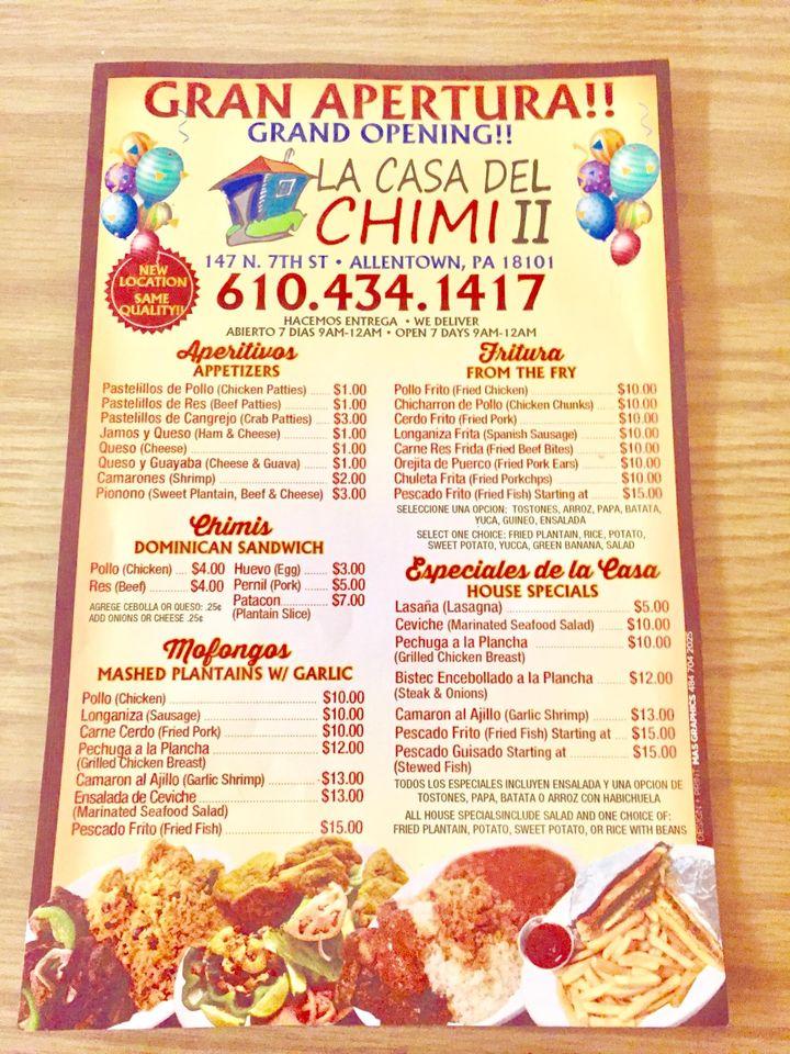 Menu at La Casa Del Chimi II restaurant, Allentown