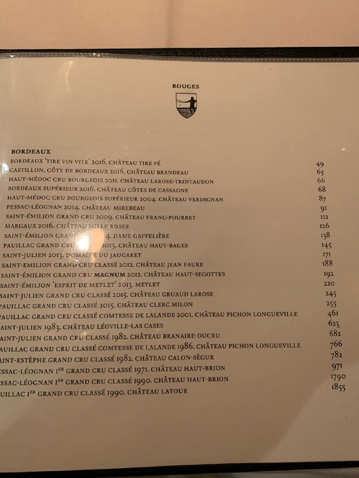 Menu at Le Filet restaurant, Montréal