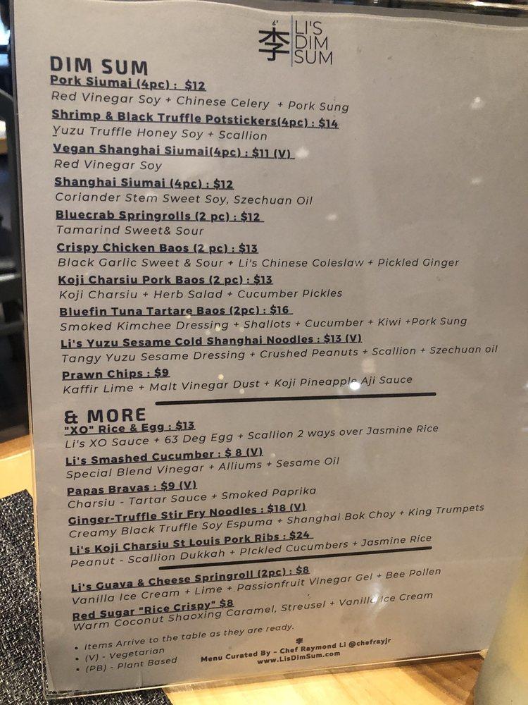Menu at Li’s Dim Sum restaurant, Coral Gables