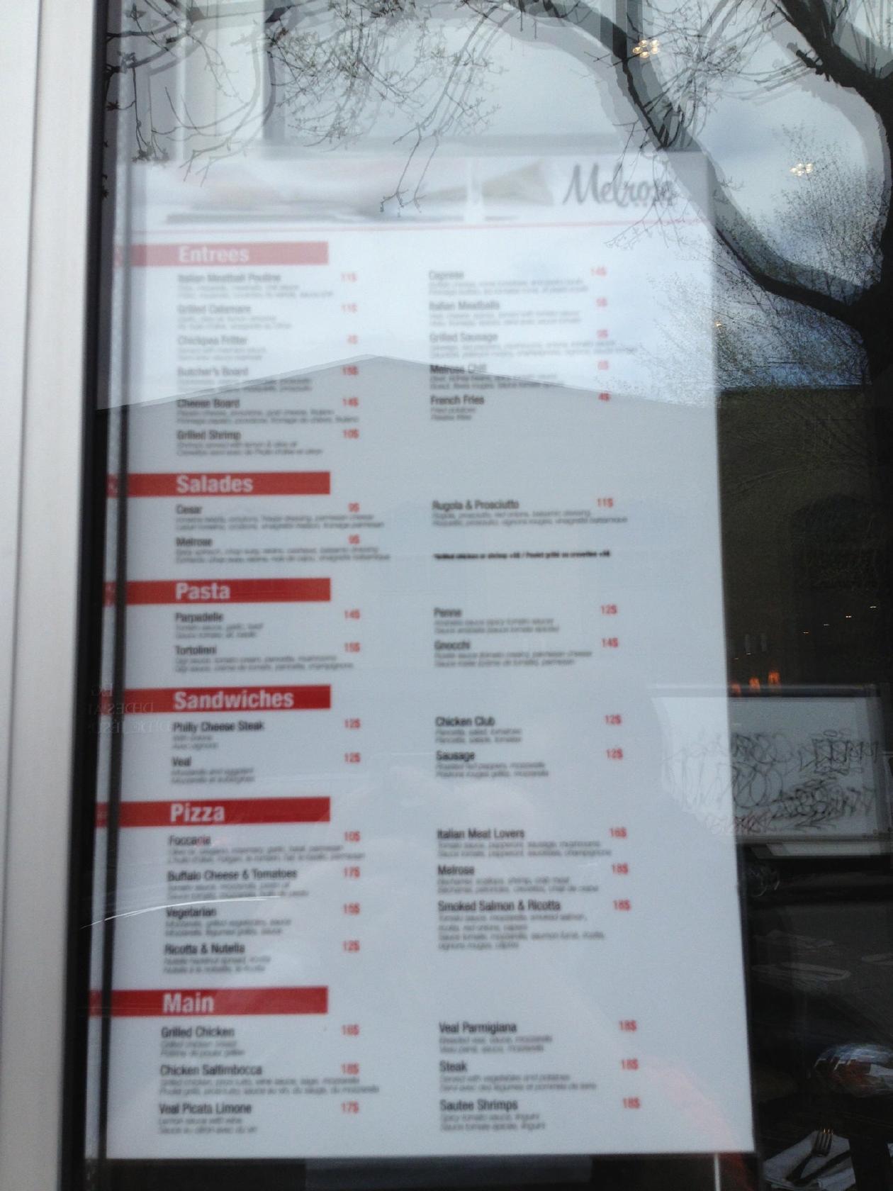 Menu at Melrose Resto pub & bar, Montréal