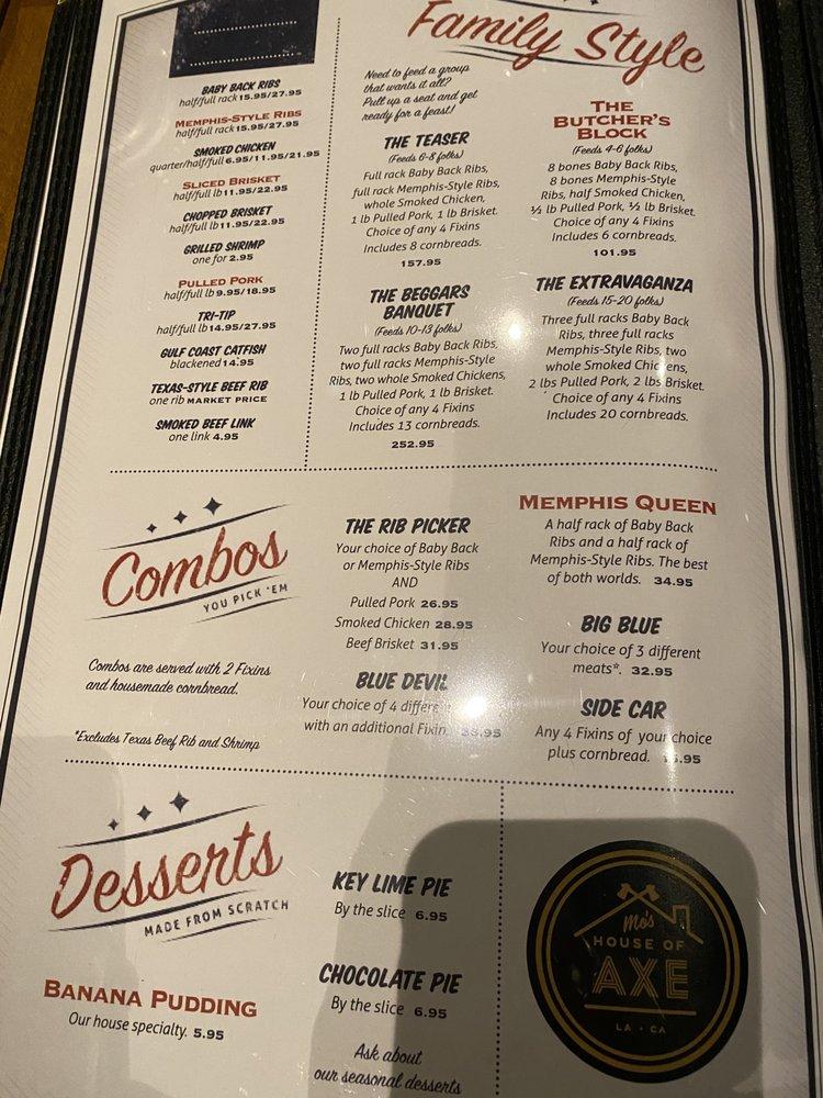 Menu at Mo's House Of Axe Restaurant, Bar, and Axe throwing, Los Angeles