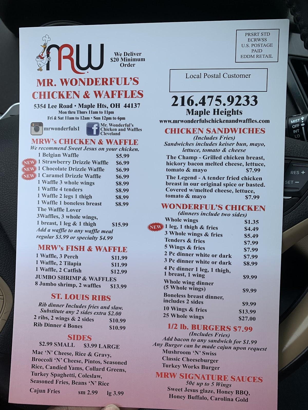 Menu at Mr Wonderful's Chicken & Waffles restaurant, Maple Heights