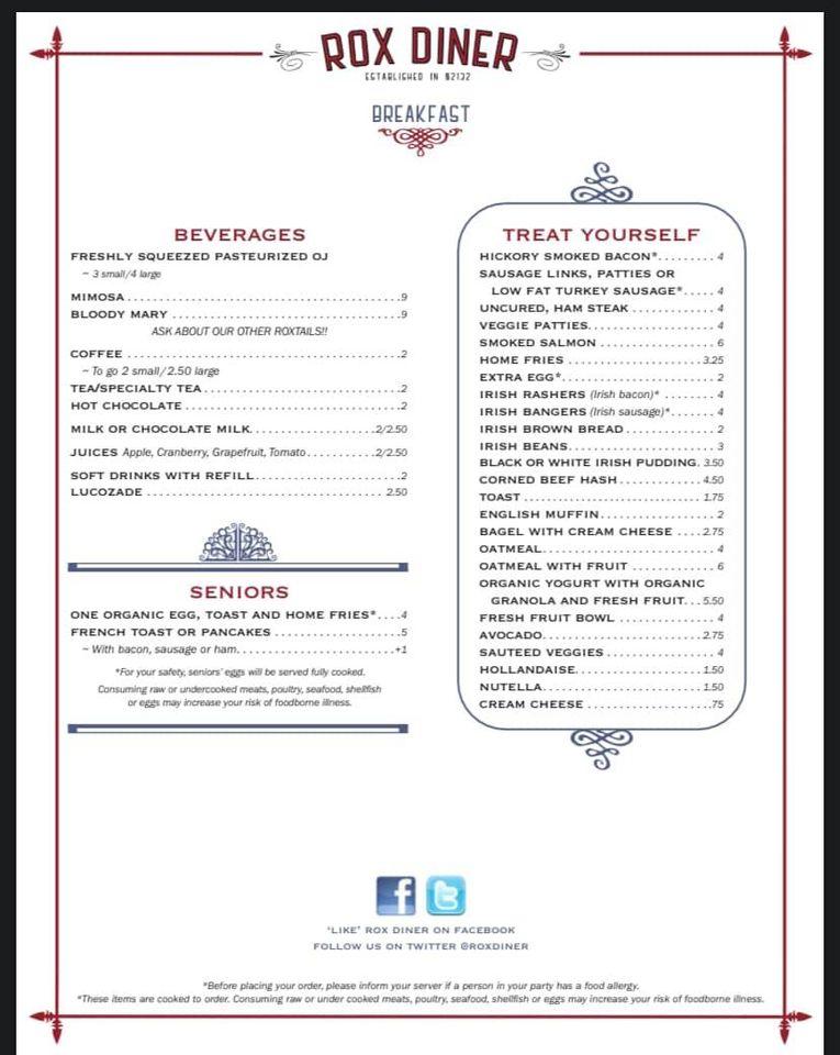Menu at Rox Diner cafe, Boston, Centre St