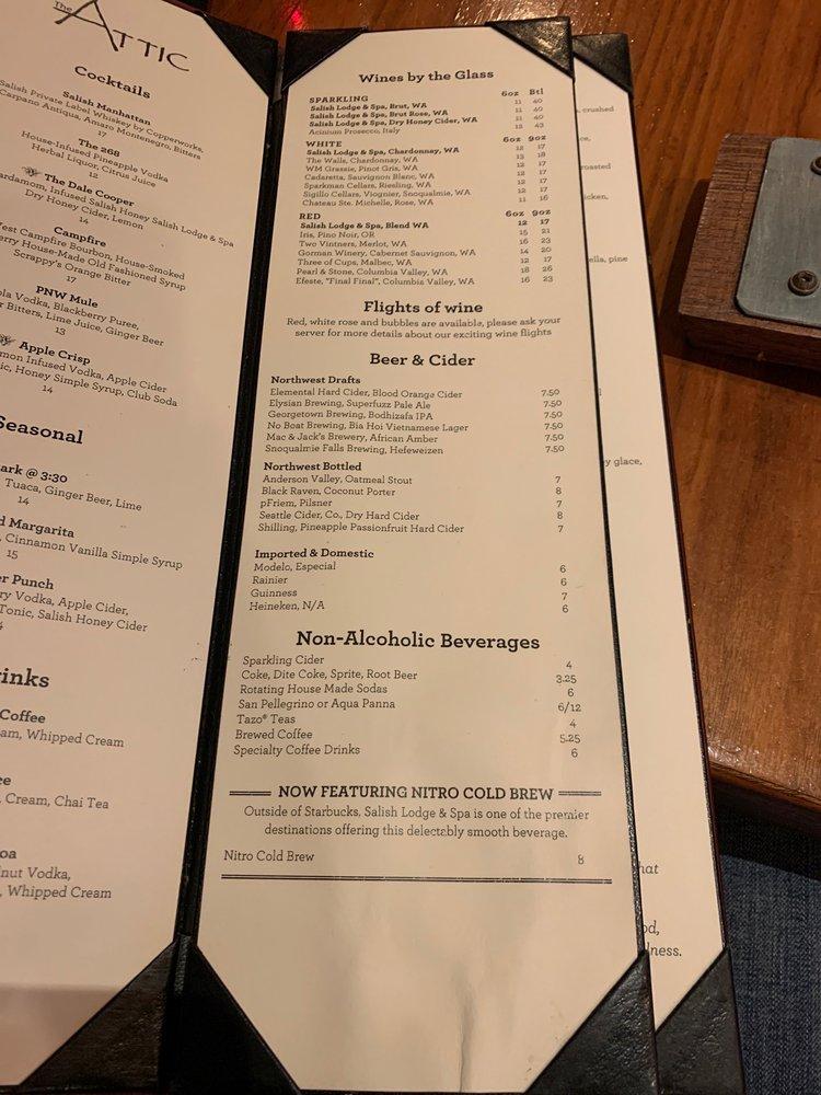 Menu at The Attic at Salish Lodge restaurant, Snoqualmie
