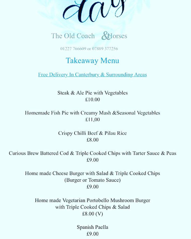 Menu at The Old Coach & Horses pub & bar, Canterbury