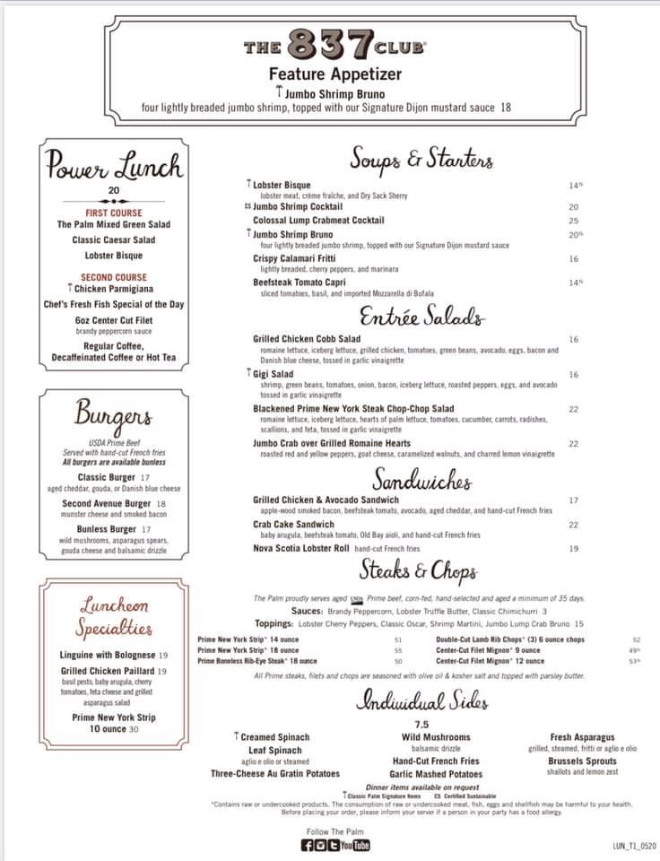 Menu at The Palm - Atlanta steakhouse, Atlanta