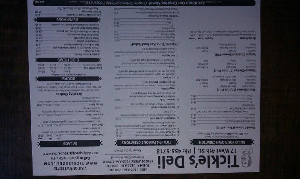 Menu at Tickle's II Sandwich Shop, Erie