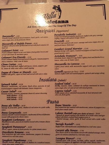 Menu at Villa Napoletana restaurant, East Longmeadow