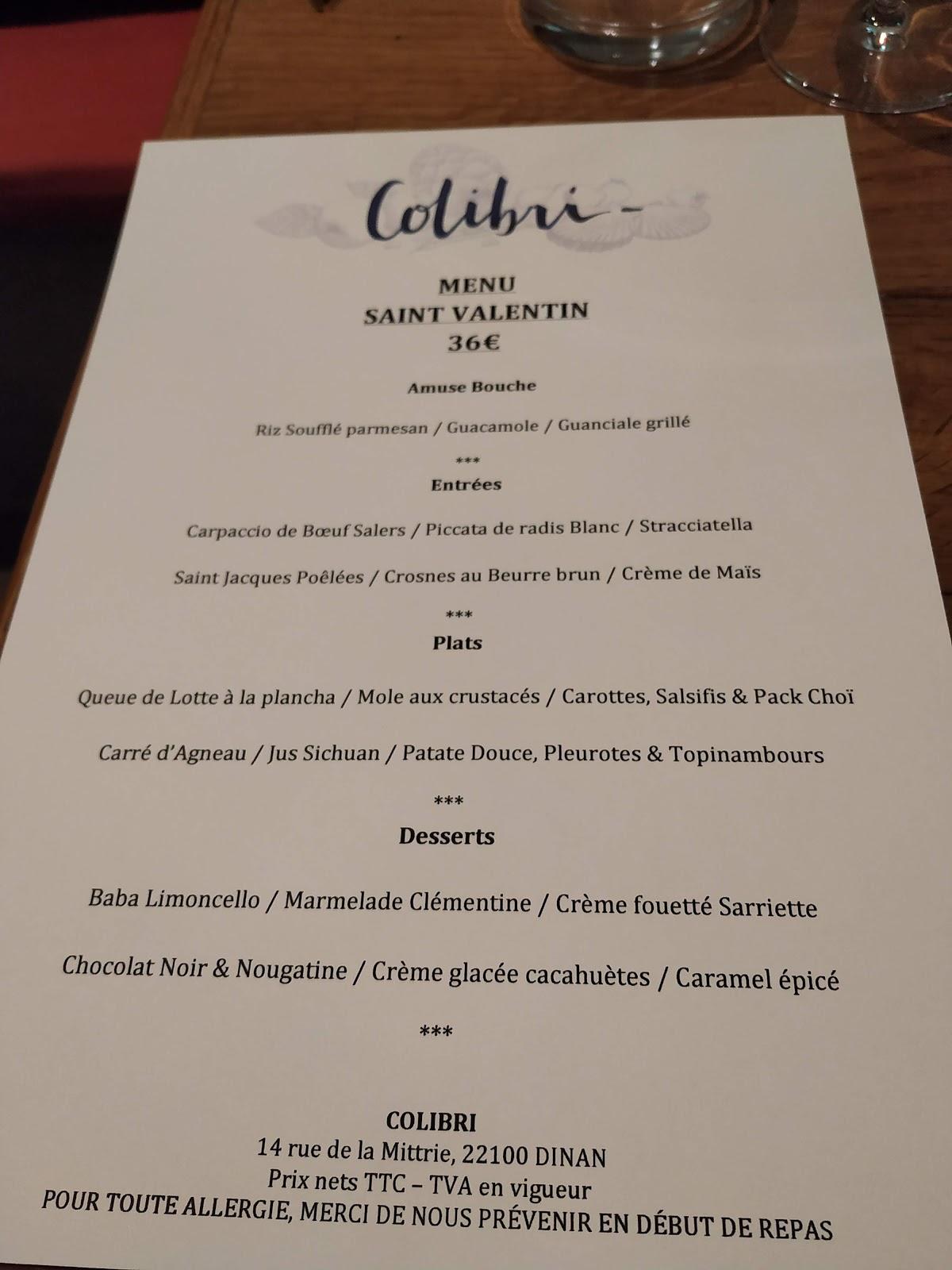 Menu at Colibri restaurant, Dinan