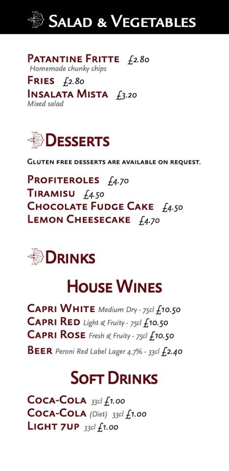 Menu at Capri Mirfield restaurant, Mirfield