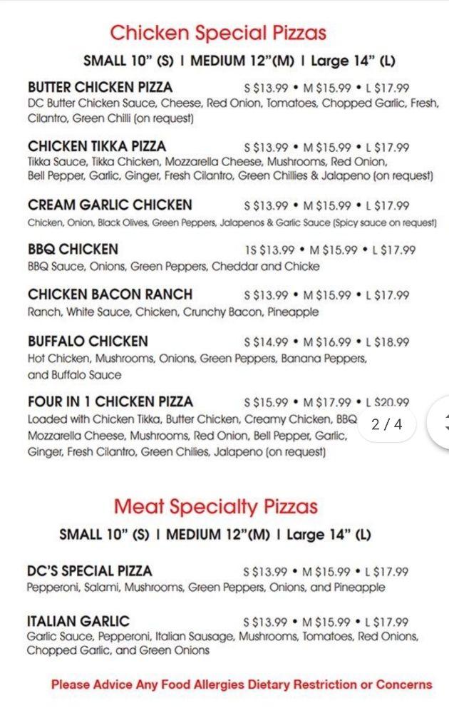 Menu at DC Pizza Bistro & Indian Restaurant, Calgary