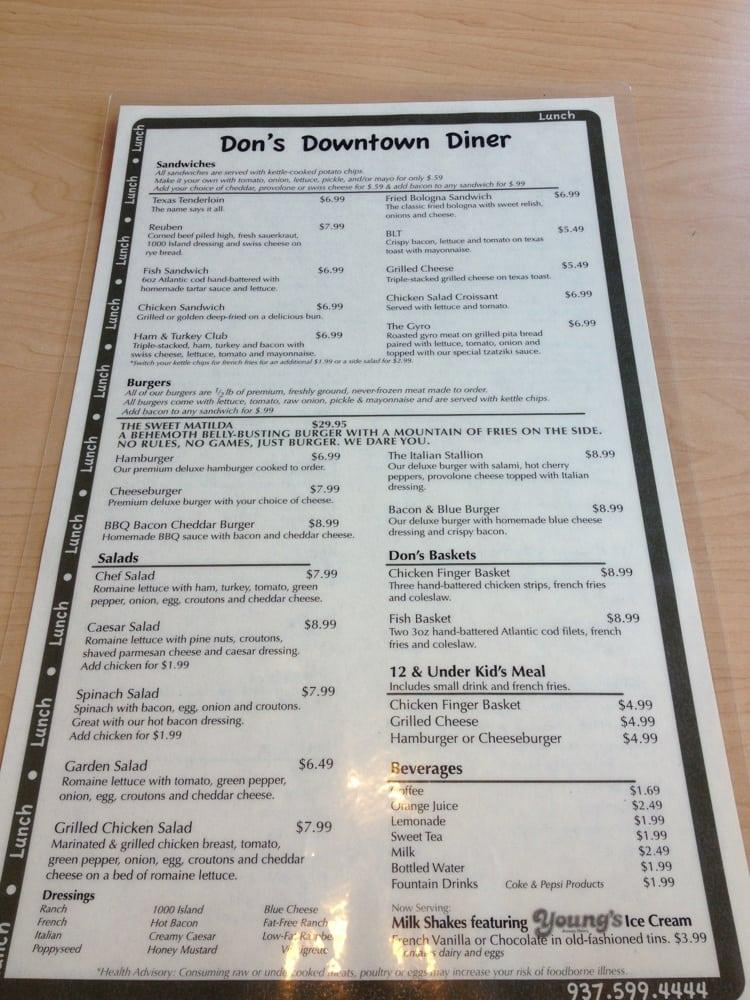 Menu at Don's Downtown Diner restaurant, Bellefontaine