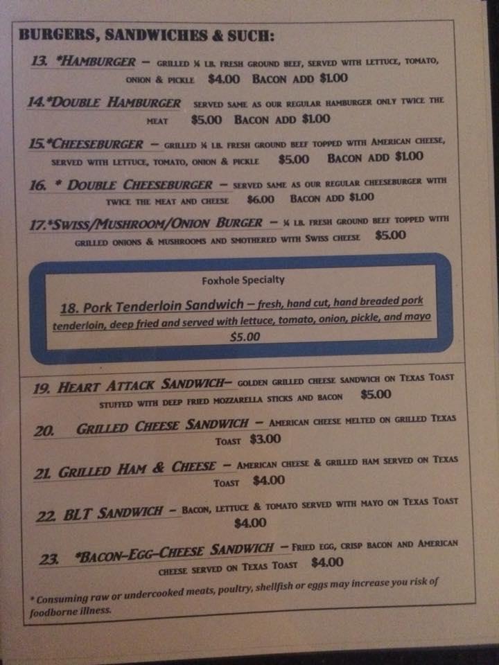 Menu at Foxhole Bar and Grill, Springfield, 2350 N Clifton Ave