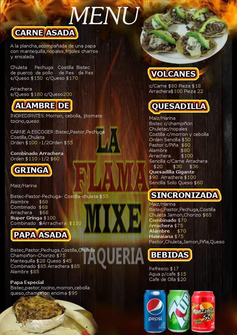 Carta del restaurante La Flama Mixe, Matehuala, C. Benito Juárez García