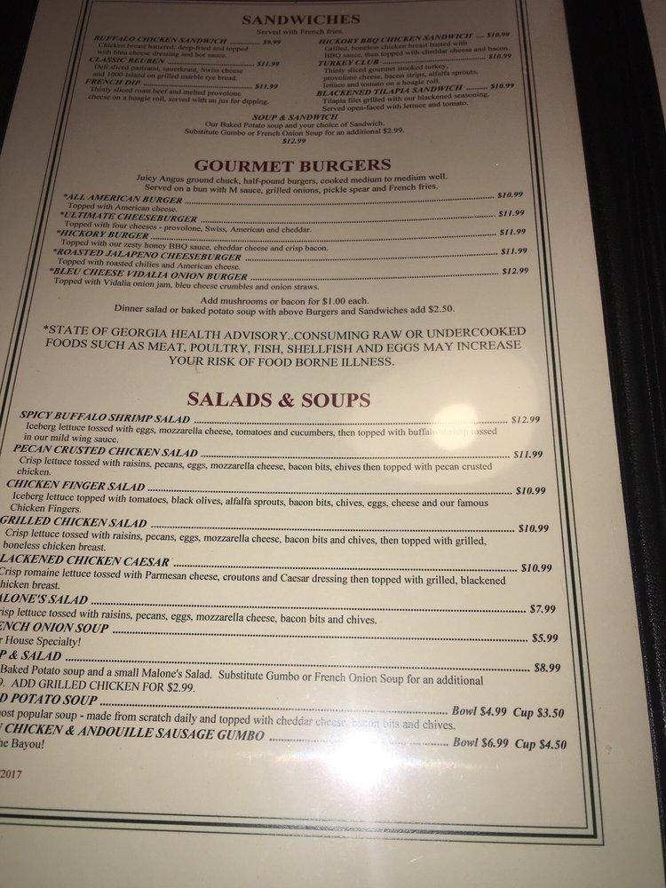 Menu at Malone's pub & bar, Atlanta, Virginia Ave