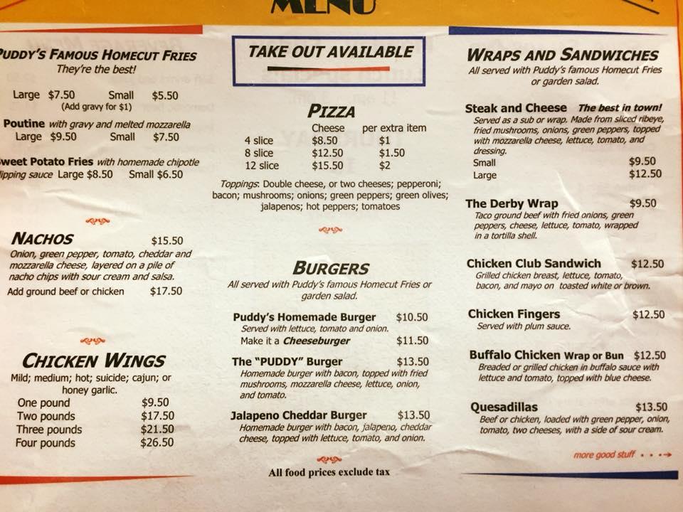 Menu at Puddy's Bar & Grill, St. Catharines