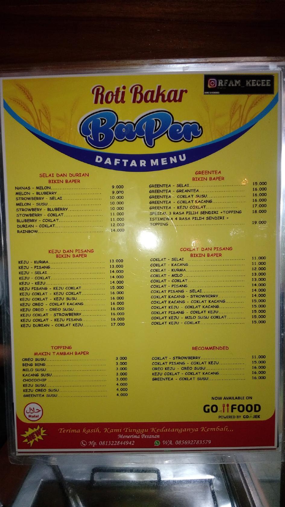 Menu at Roti Bakar restaurant, Yogyakarta, Jl. Bantul No.87