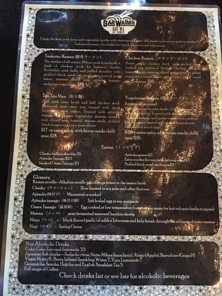 Menu at Bar Wa Izakaya, Hobart