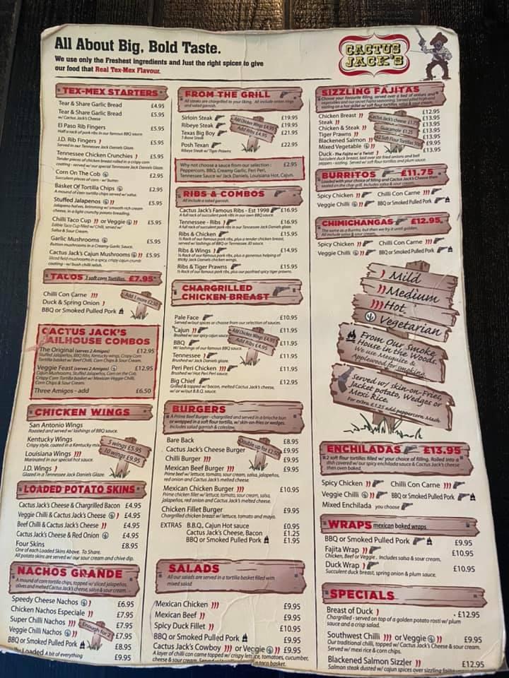 Menu at Cactus Jack restaurant, Doncaster
