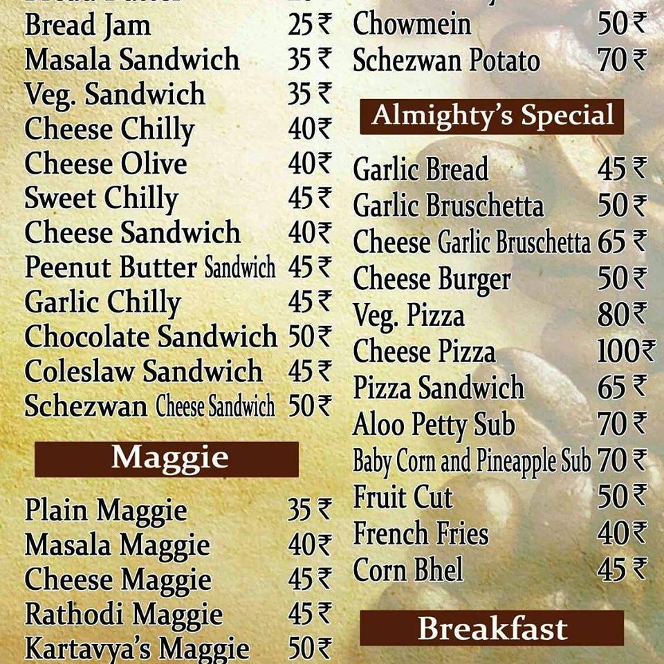 Menu at Cafe Almighty, Udaipur