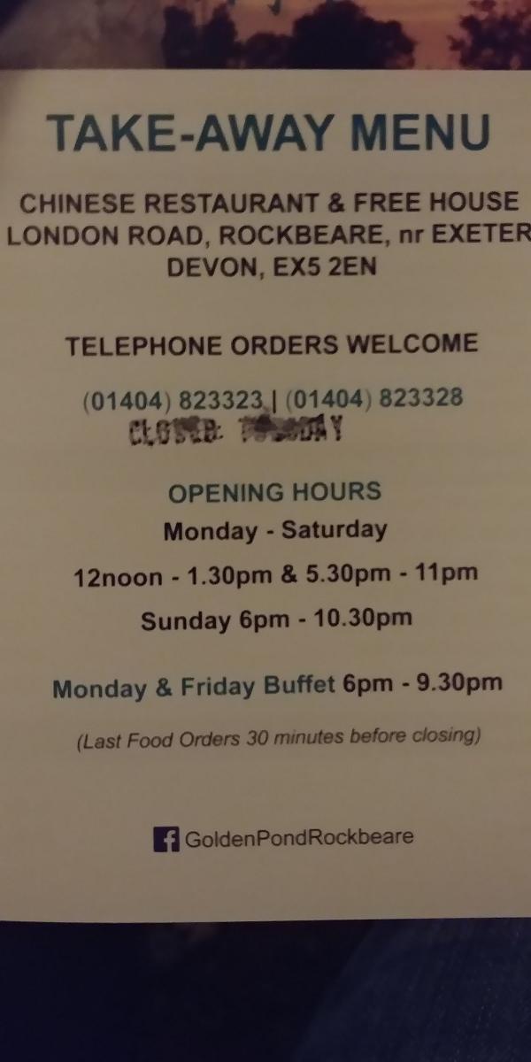Menu at The Golden Pond restaurant, Whimple