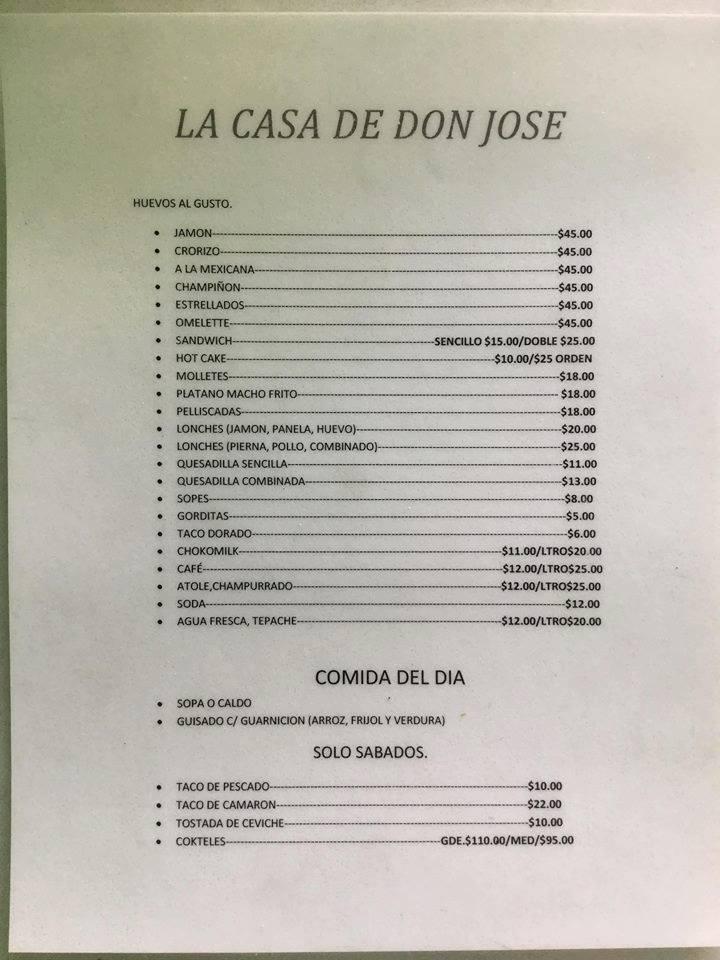 Menu at La Casa de Don Jose Frausto restaurant, Guadalajara