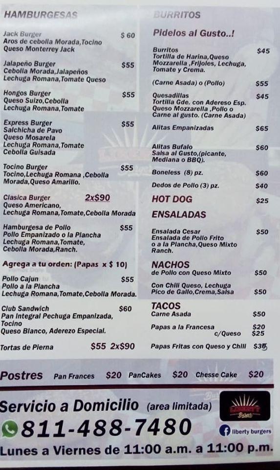 Menu at Liberty Burgers restaurant, Guadalupe