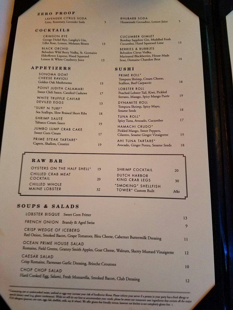 Menu at Ocean Prime steakhouse, Dallas