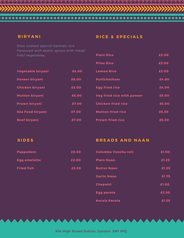 Menu at Jaffna Spice restaurant, Sutton