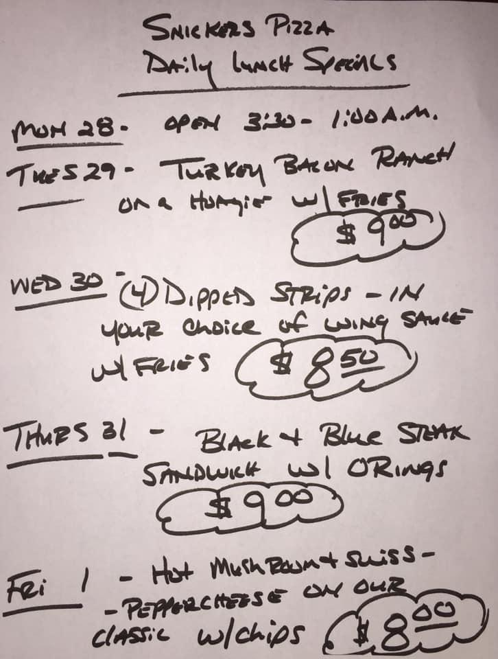 Menu at Snickers Lounge pub & bar, Eveleth
