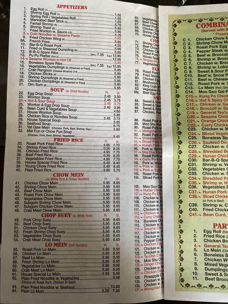 Menu at Tai Hing restaurant, Middletown