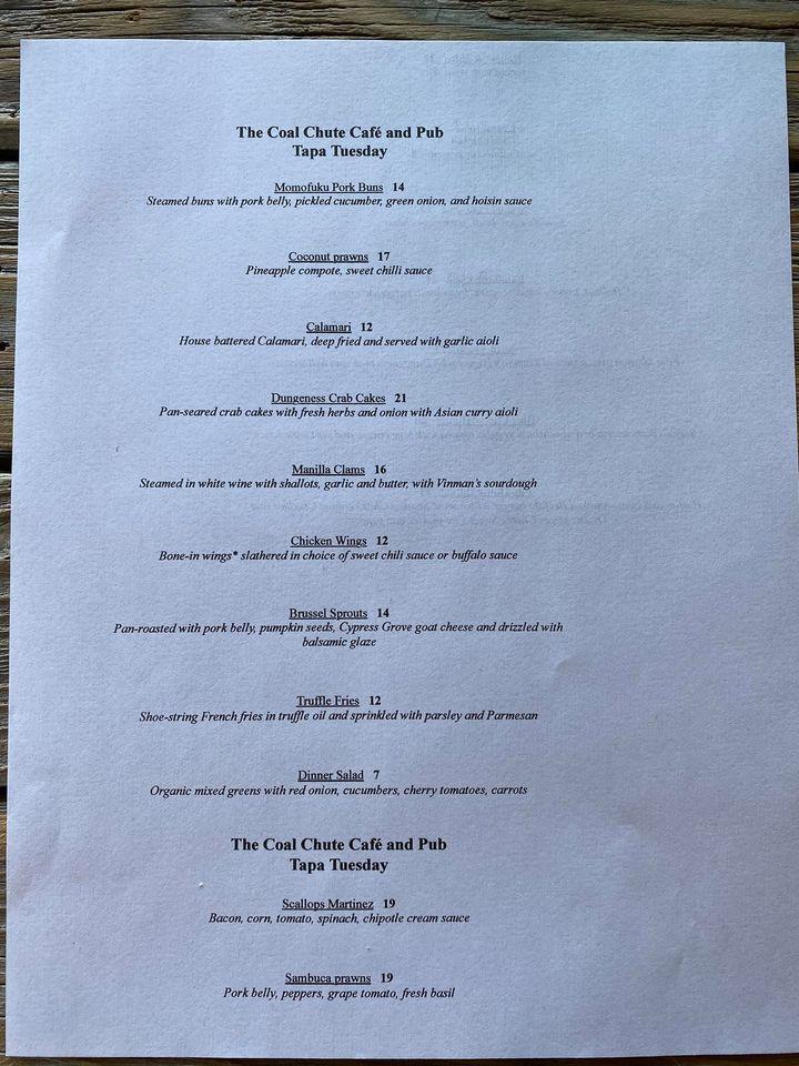 Menu at The Coal Chute Cafe and Pub, Roslyn