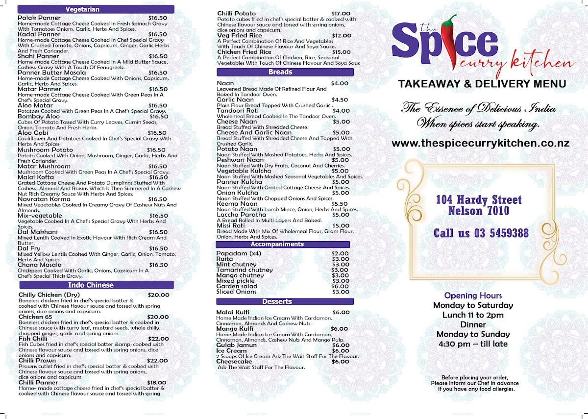 Menu at The Spice Curry Kitchen restaurant, Nelson