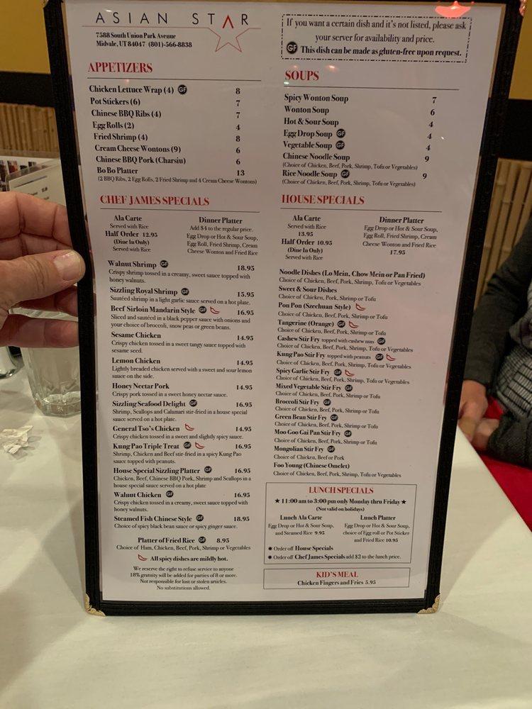 Menu at Asian Star restaurant, Midvale