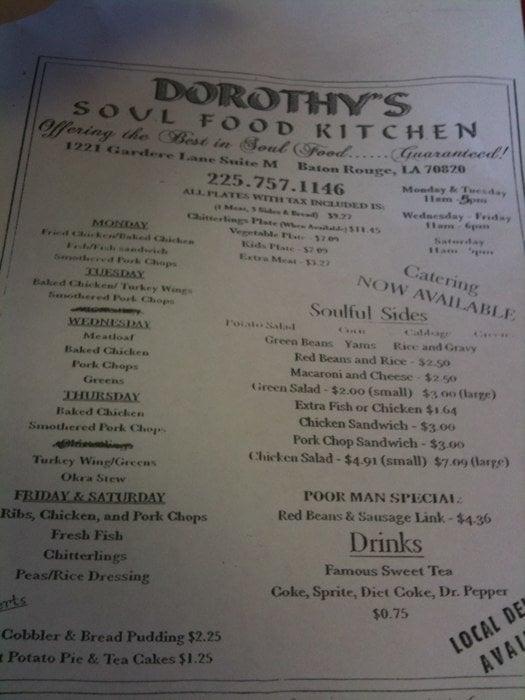 Menu at Dorothy's Soul Food Kitchen restaurant, Baton Rouge
