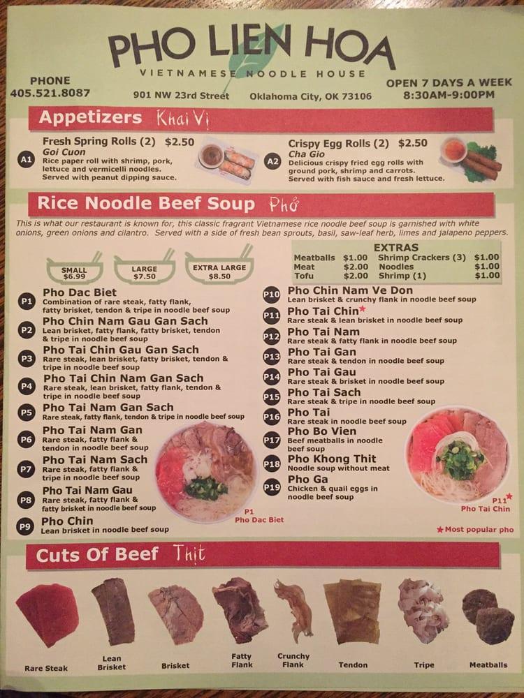 Menu at Pho Lien Hoa restaurant, Oklahoma City, 901 NW 23rd St