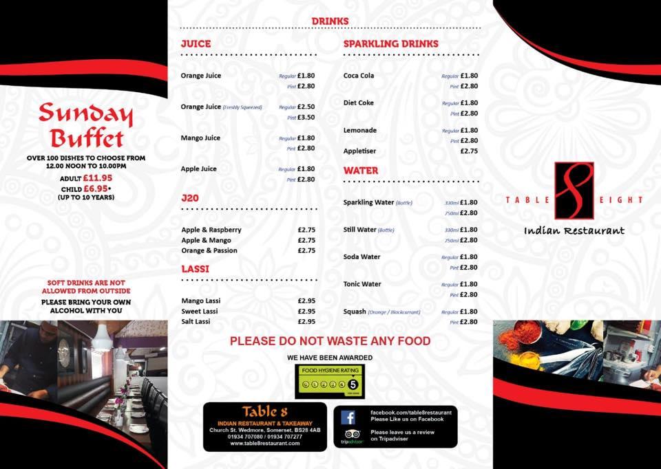 Menu at Table 8 restaurant, Wedmore