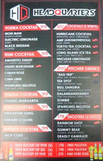 Menu at Headquarters pub & bar, Naga