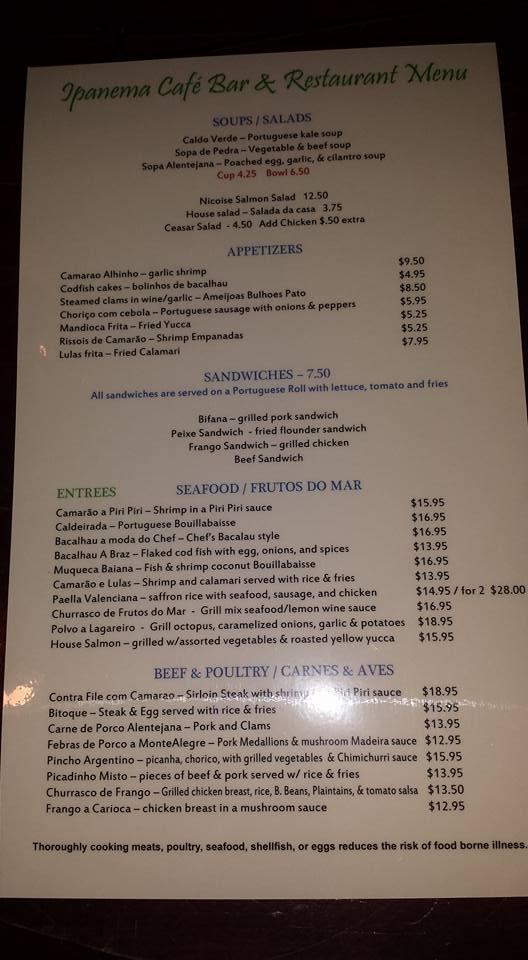 Menu at Ipanema Cafe, Hartford